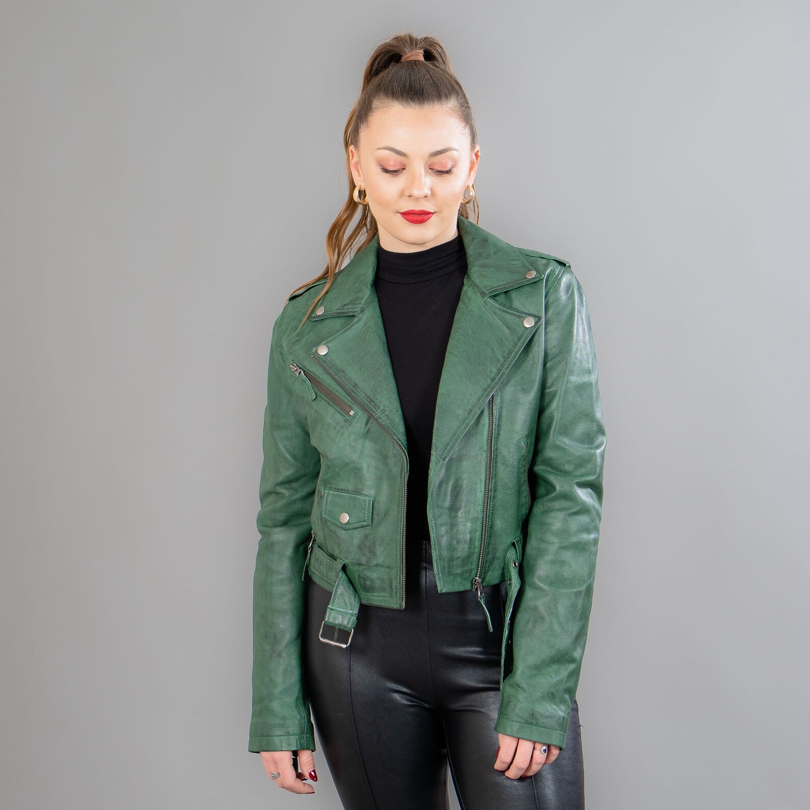 Short Leather Jacket in Green Color - Etsy
