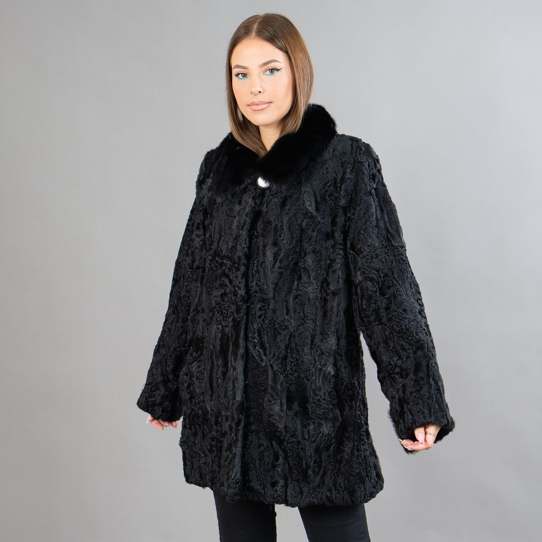 Real Astrakhan Fur Jacket in Black Color With Mink Fur Collar - Etsy
