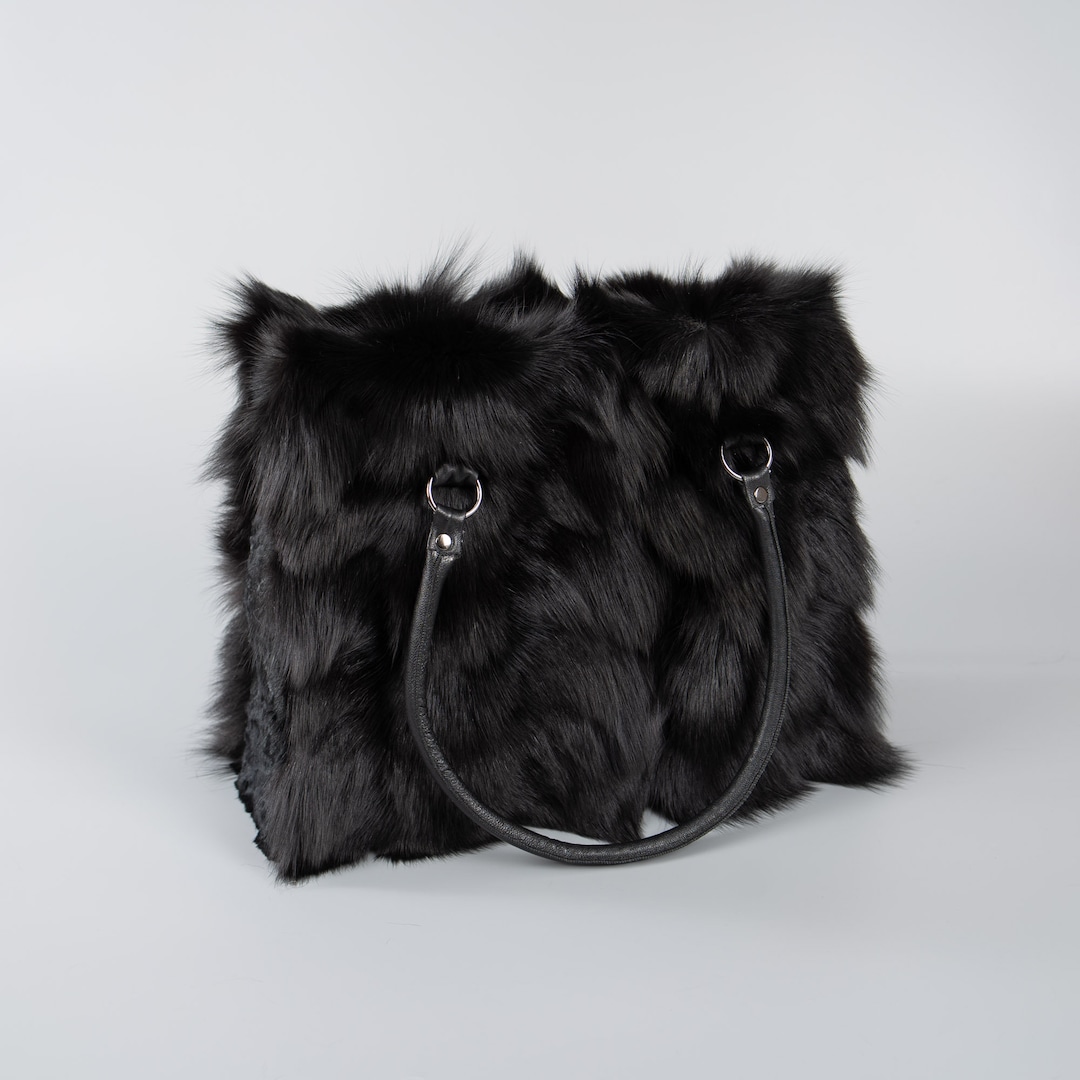 Black Fox Fur Handbag With Leather and Rabbit Details - Etsy