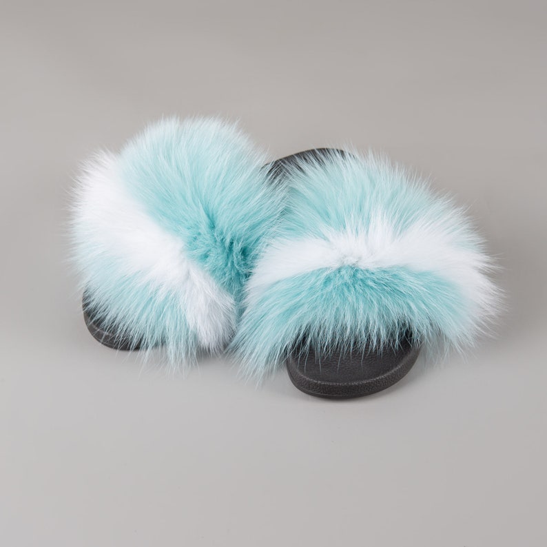 Fox Fur Slides in Ciel White Color Fluffy Fur - Etsy