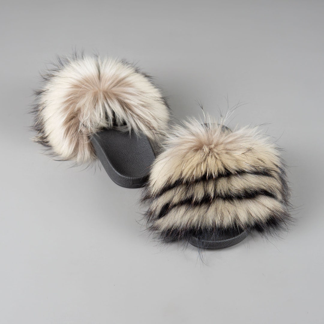 Fox Fur Slides in Gold Black Color Fluffy Fur - Etsy