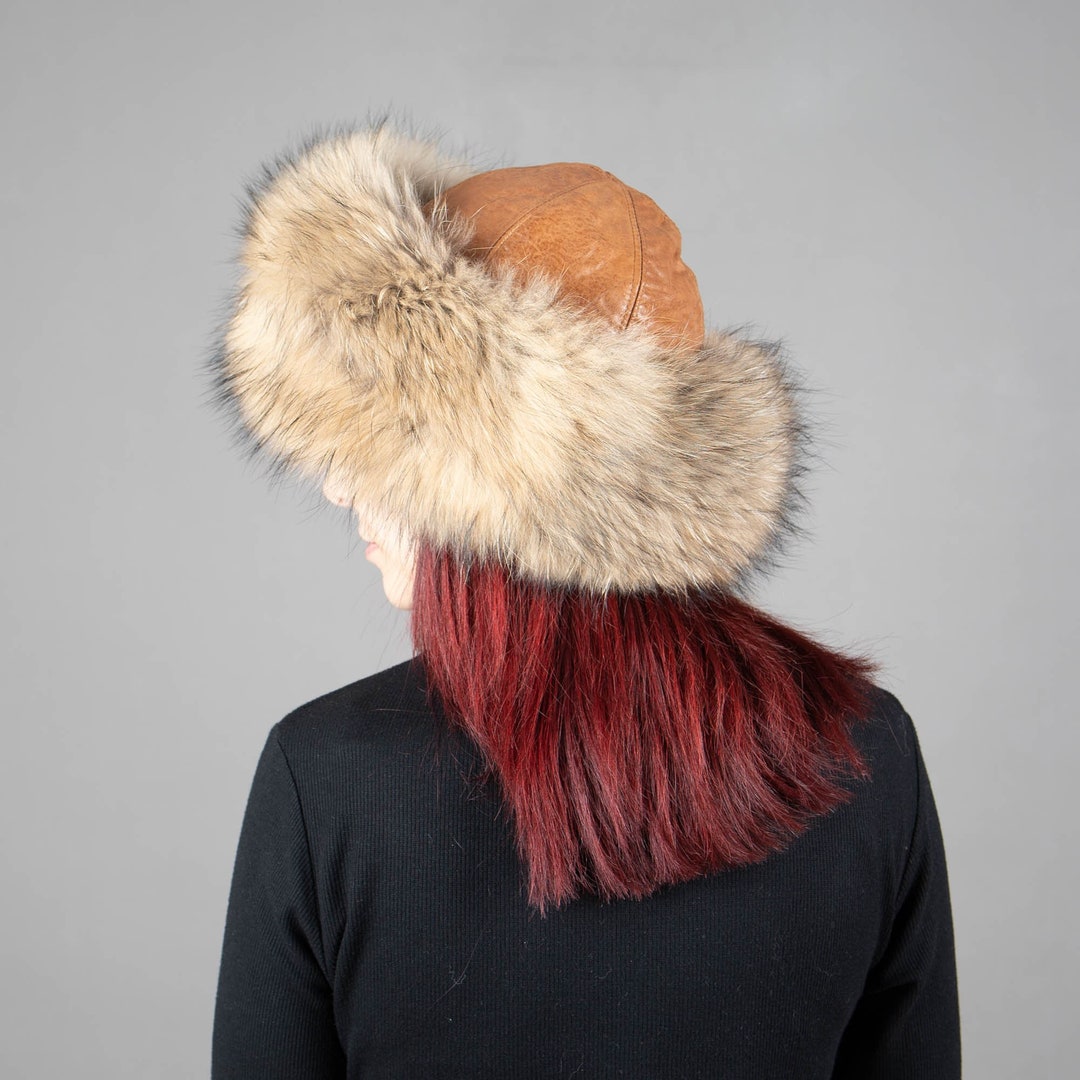 Real Raccoon Fur Hat With Leather Details in Brown Gold Color Brown ...