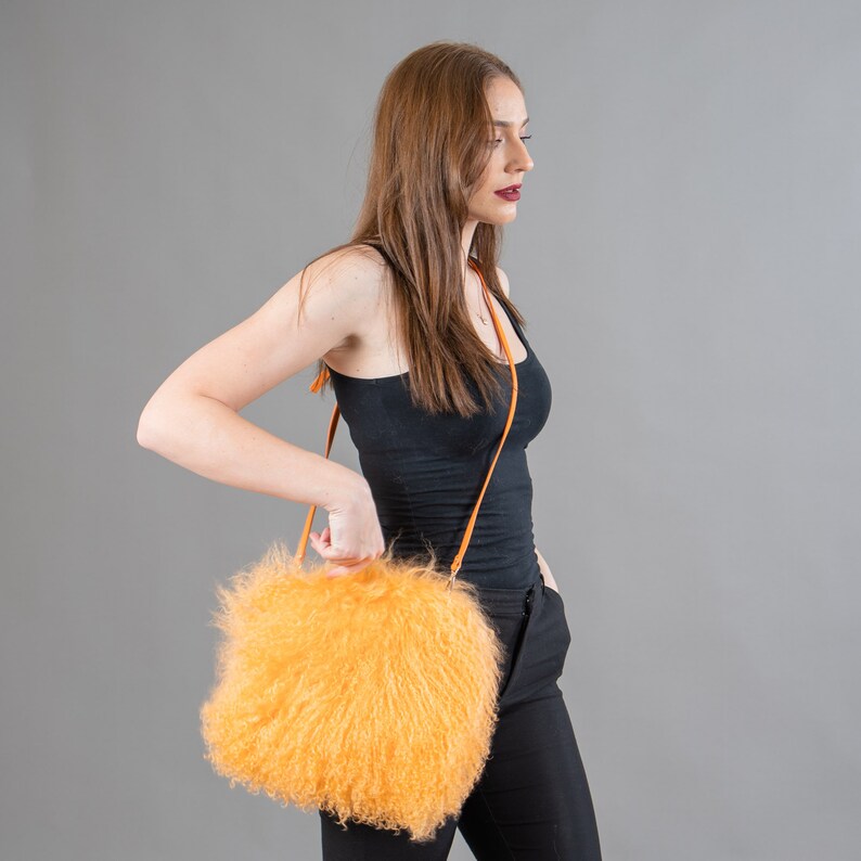 Orange Mongolian Sheepskin Fur Shoulder Bag & Hand Warmer - Etsy