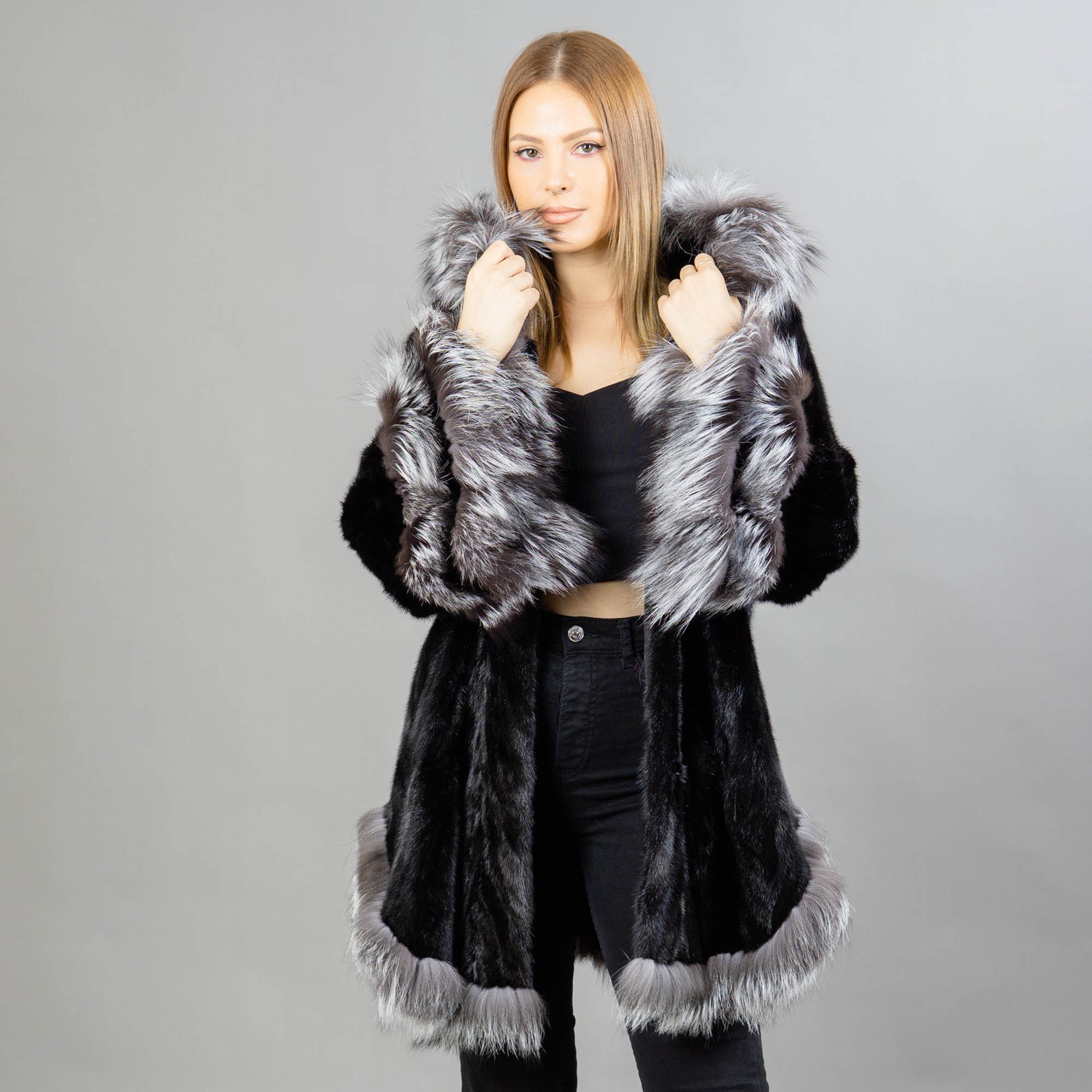 Women's Real Mink Fur Coat With Silver Fox Fur Details in Black Color ...