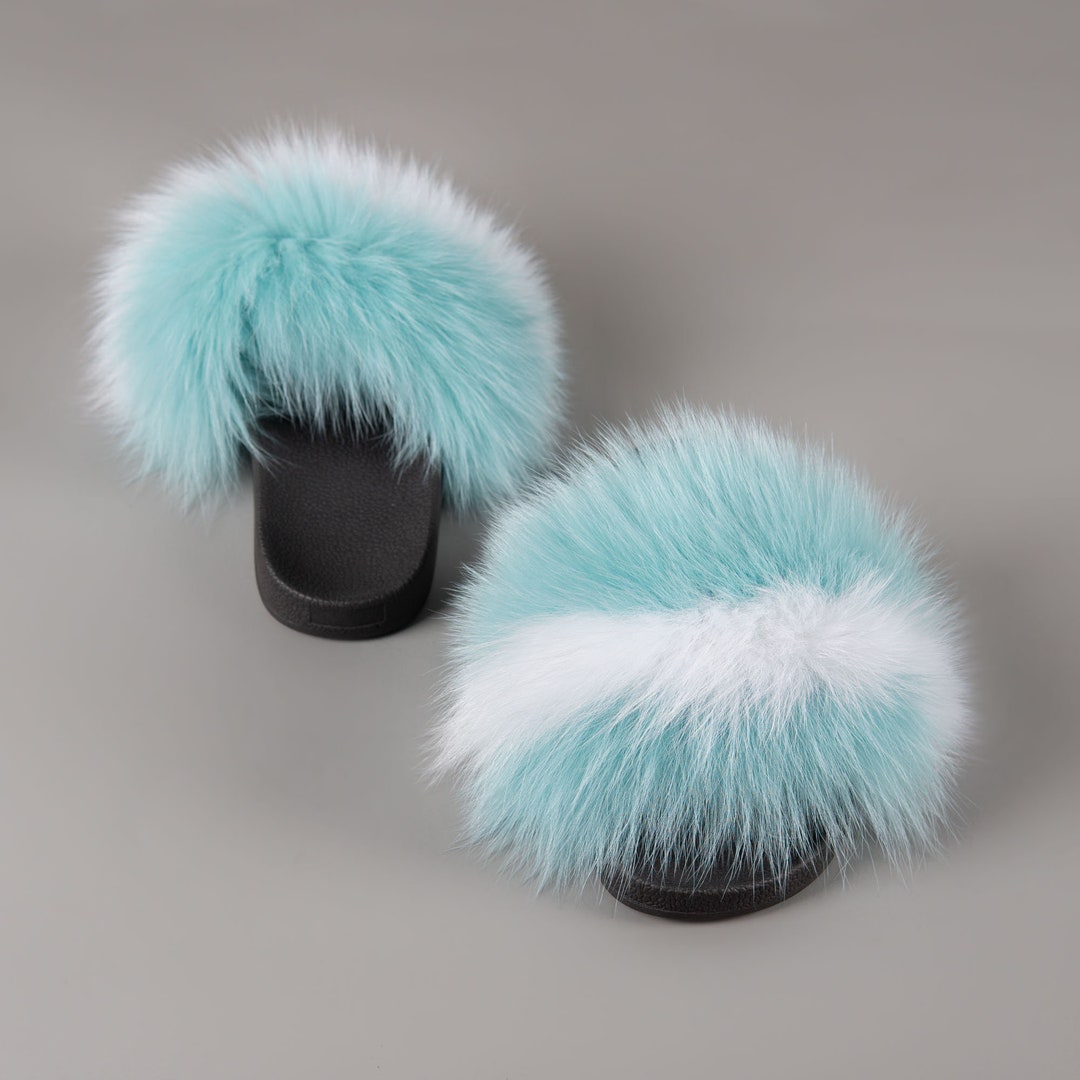 Fox Fur Slides in Ciel White Color Fluffy Fur - Etsy