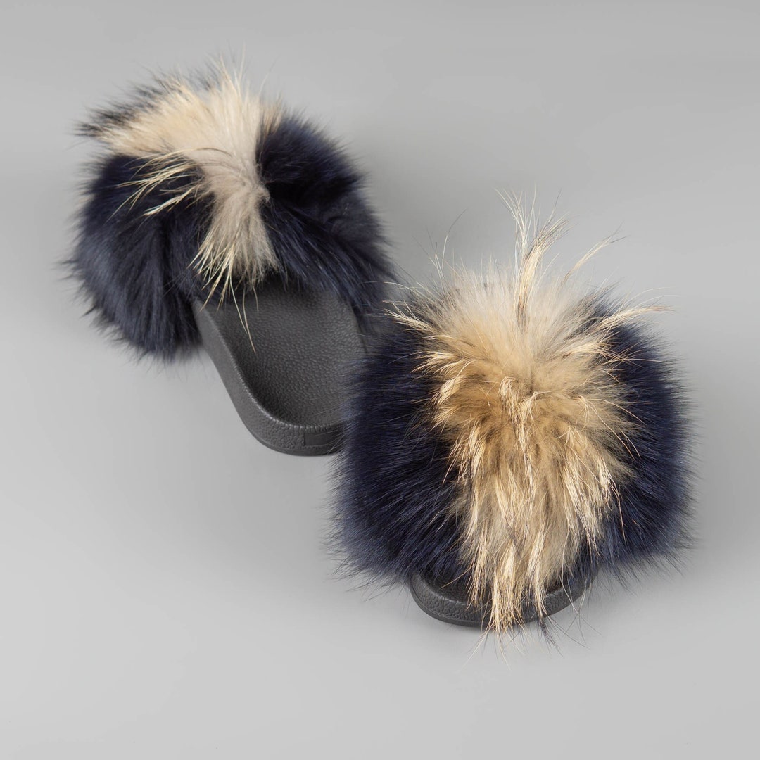 Fox Fur Slides in Blue Gold Color Fluffy Fur - Etsy
