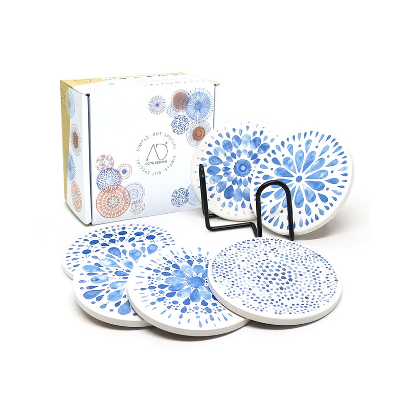 Set of 6 Ceramic Drink Coasters: Blue Floral Stone Coasters With Holder ...