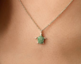 Emerald Tortoise Necklace, Dainty Turtle Necklace, Natural Gemstone ...