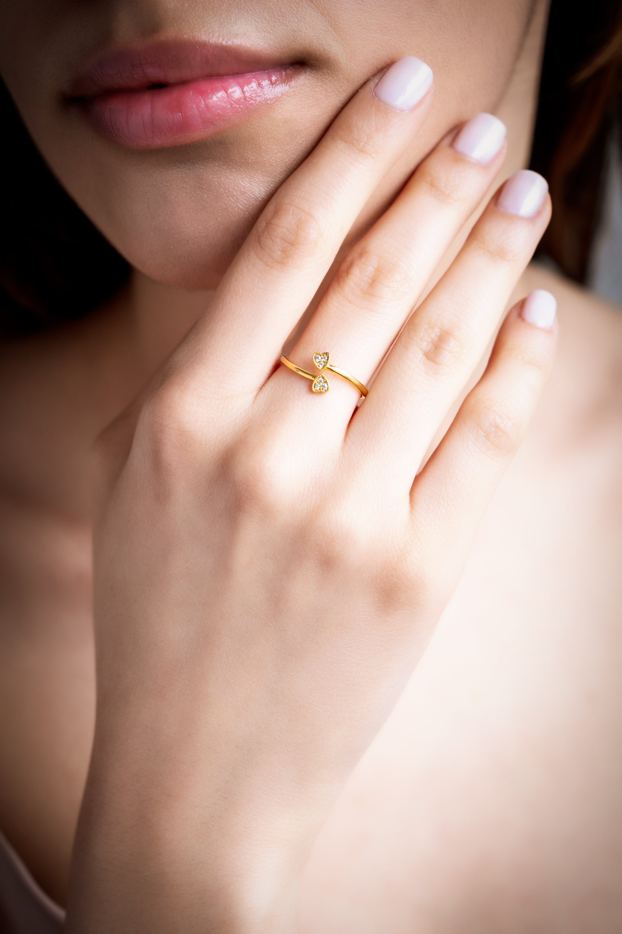 14K Solid Gold Tiny Double Heart Ring, Delicate Two Heart Ring, Open ...