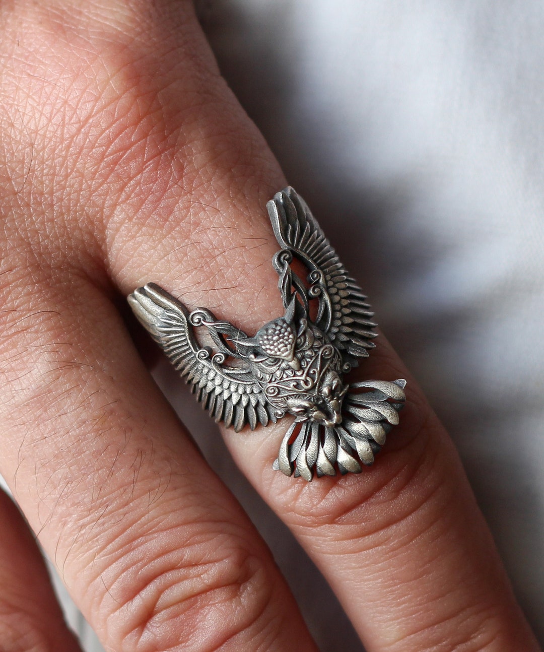 Owl in Flight Ring, Silver Open Wings Owl Ring, Animal Inspired Ring ...