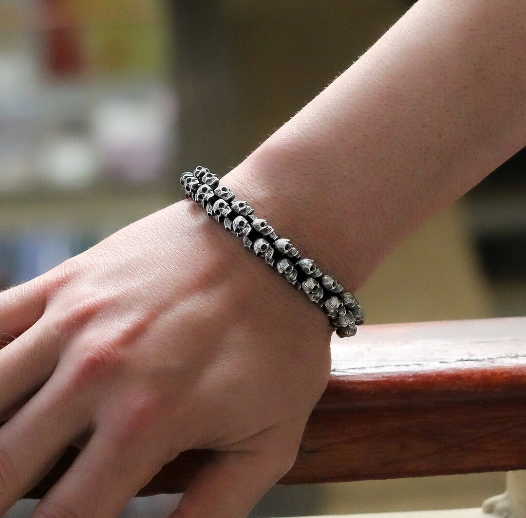 Thick Chain Skulls Head Bracelet, Skull Chain Bracelet, Gothic Bracelet ...