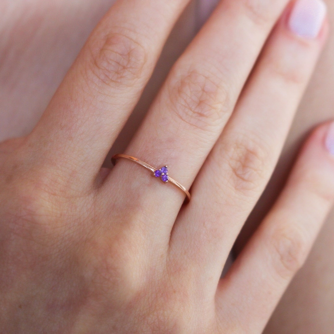 14K Solid Gold Amethyst Tiny Heart Ring, Purple Amethyst Dainty Heart ...