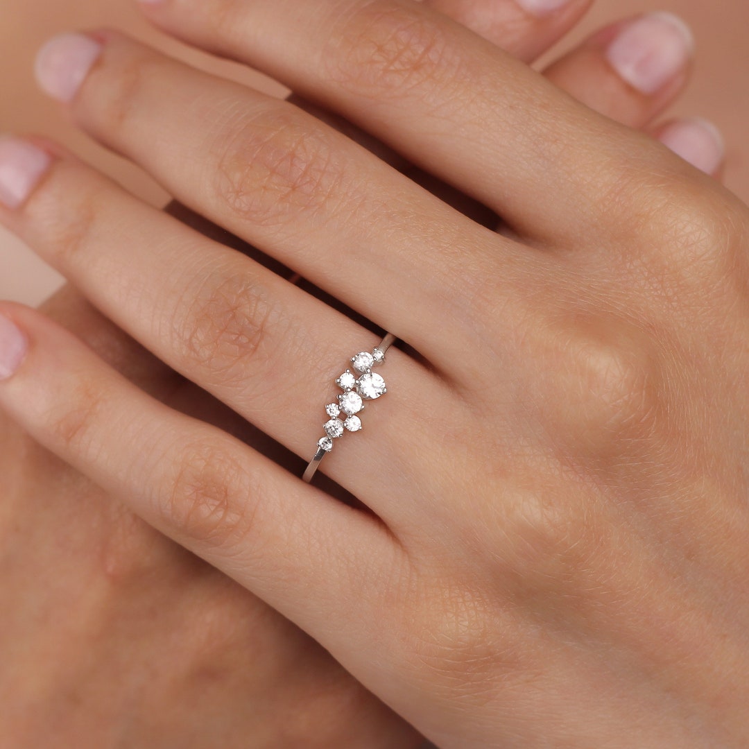 14K Solid Gold Diamond Cluster Rings for Women, Diamond Dainty Promise ...