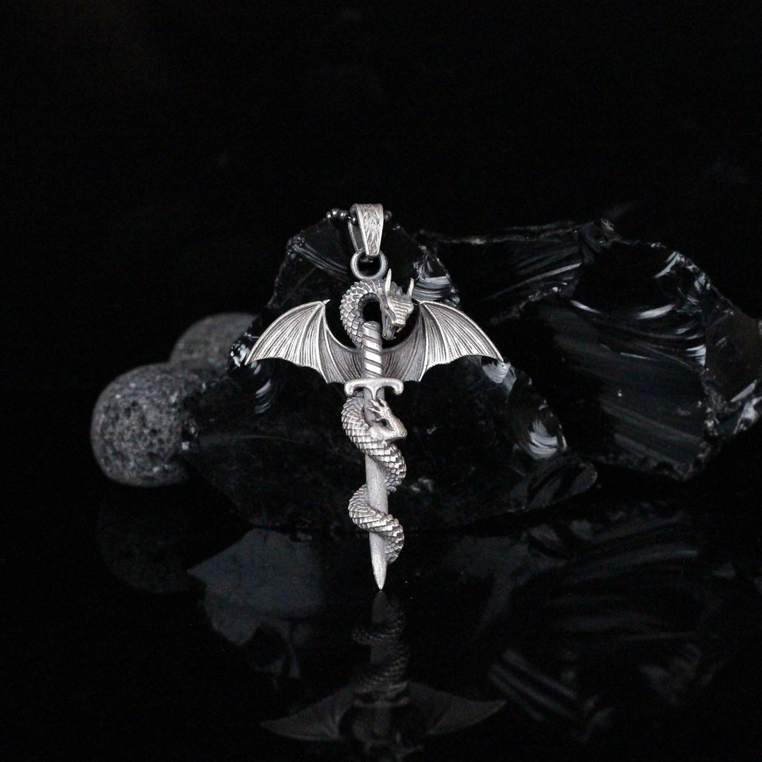 Dragon Wrapped Sword Necklace, Silver Mythology Jewelry, Dragon Sword ...