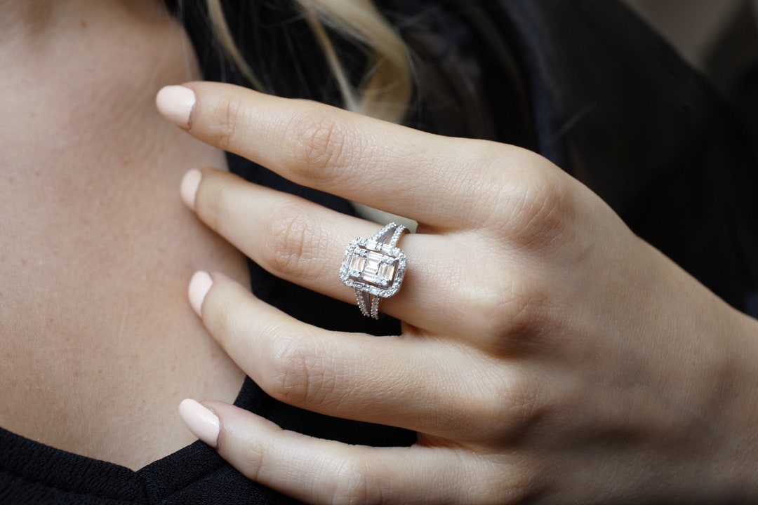 Genuine Diamond Big Square Engagement Ring, Dainty Diamond Ring, Solid ...