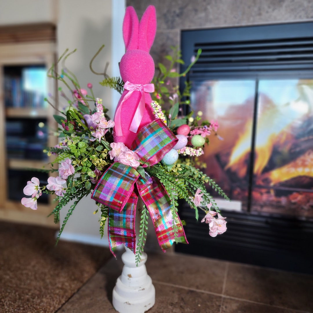 Easter Home Decor Tall Pink Flocked Bunny Candlestick Arrangement ...