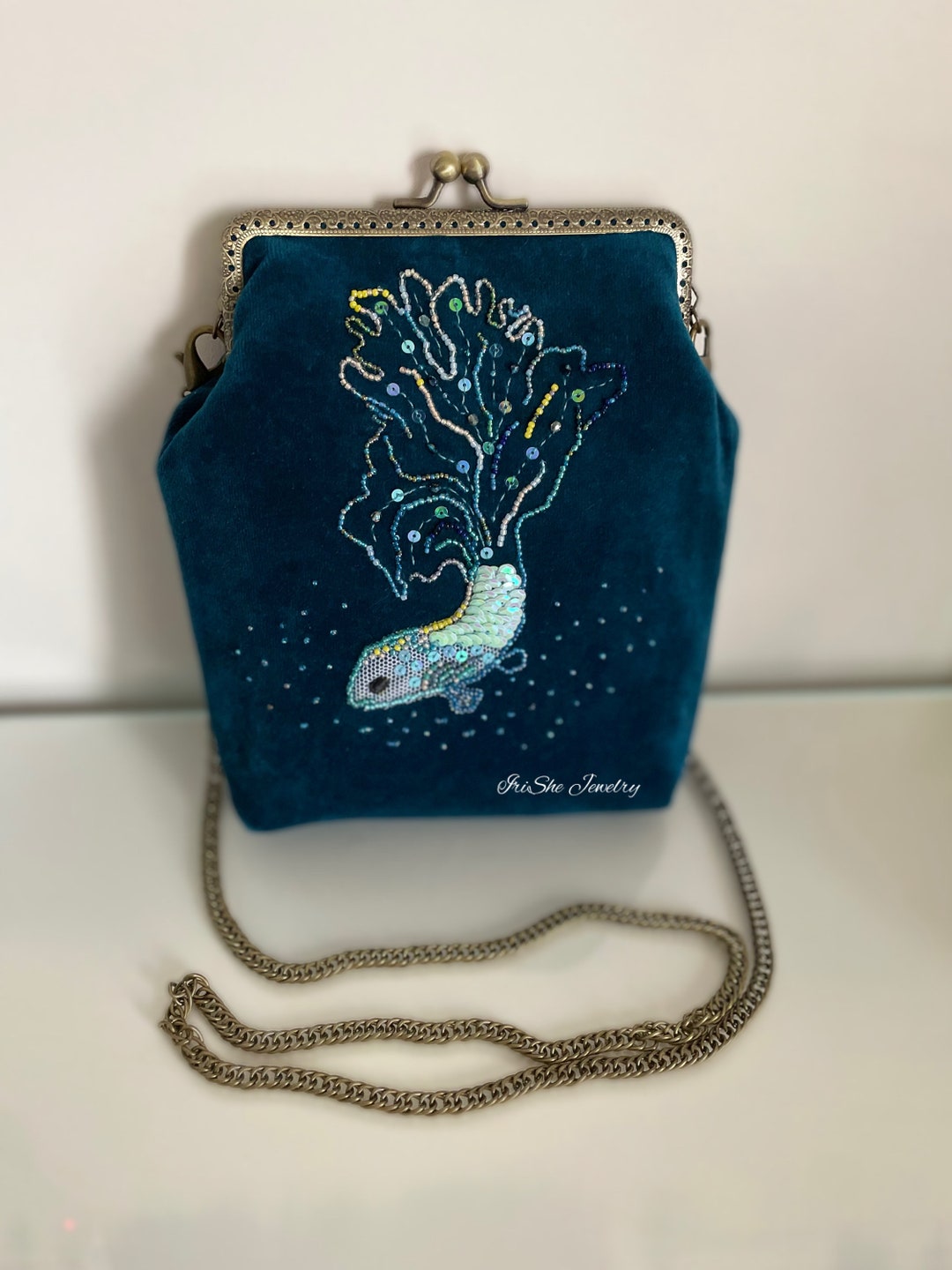Velvet Bag gold Fish, Woman Bag, Handmade Bag, Embroidery Bag, Evening ...