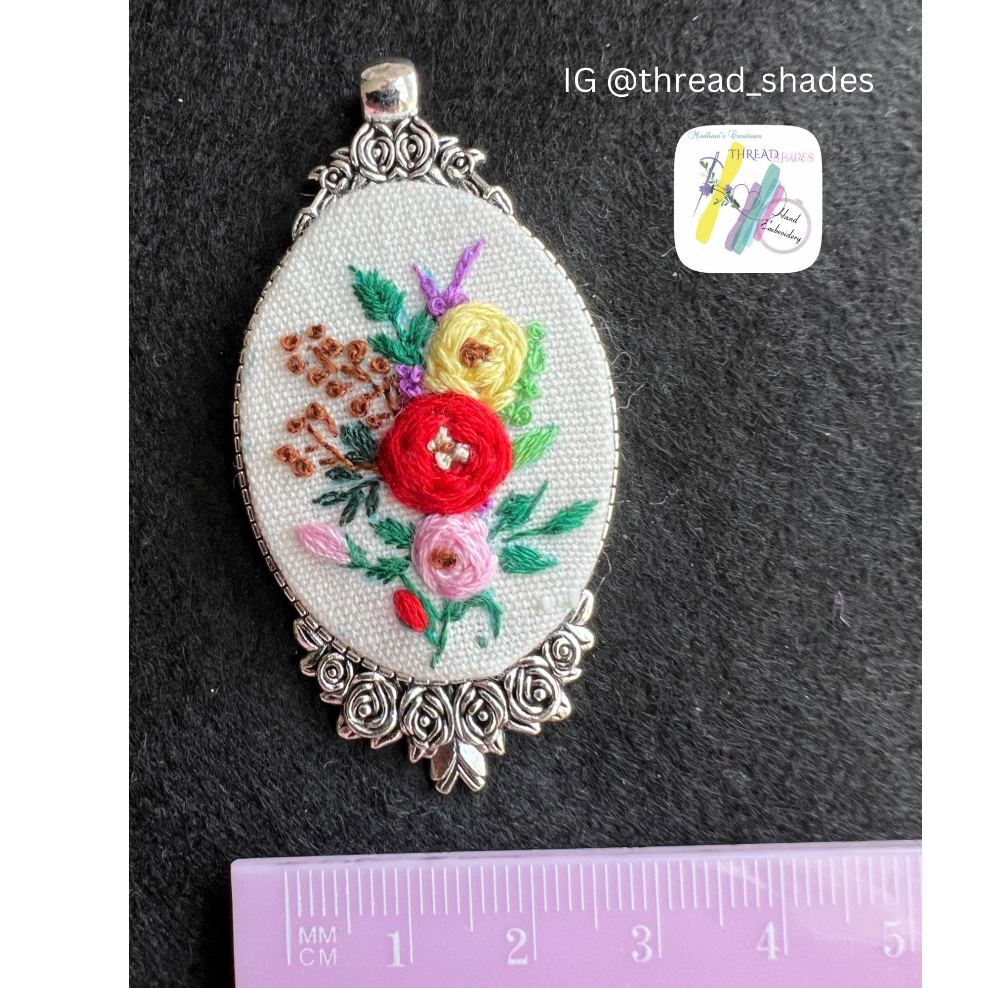 Hand Embroidered Pendant, Pendant Necklace, Oval Shape, Antique Silver ...