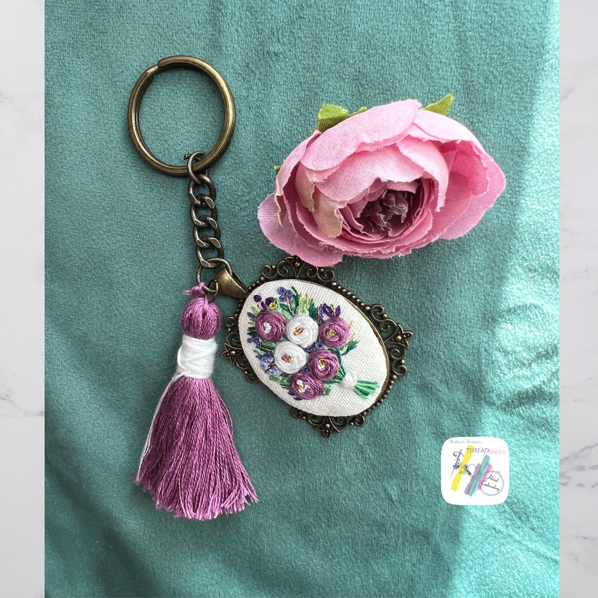 Hand Embroidered Keychain, Floral Embroidered, Rose Bouquet Needlework ...