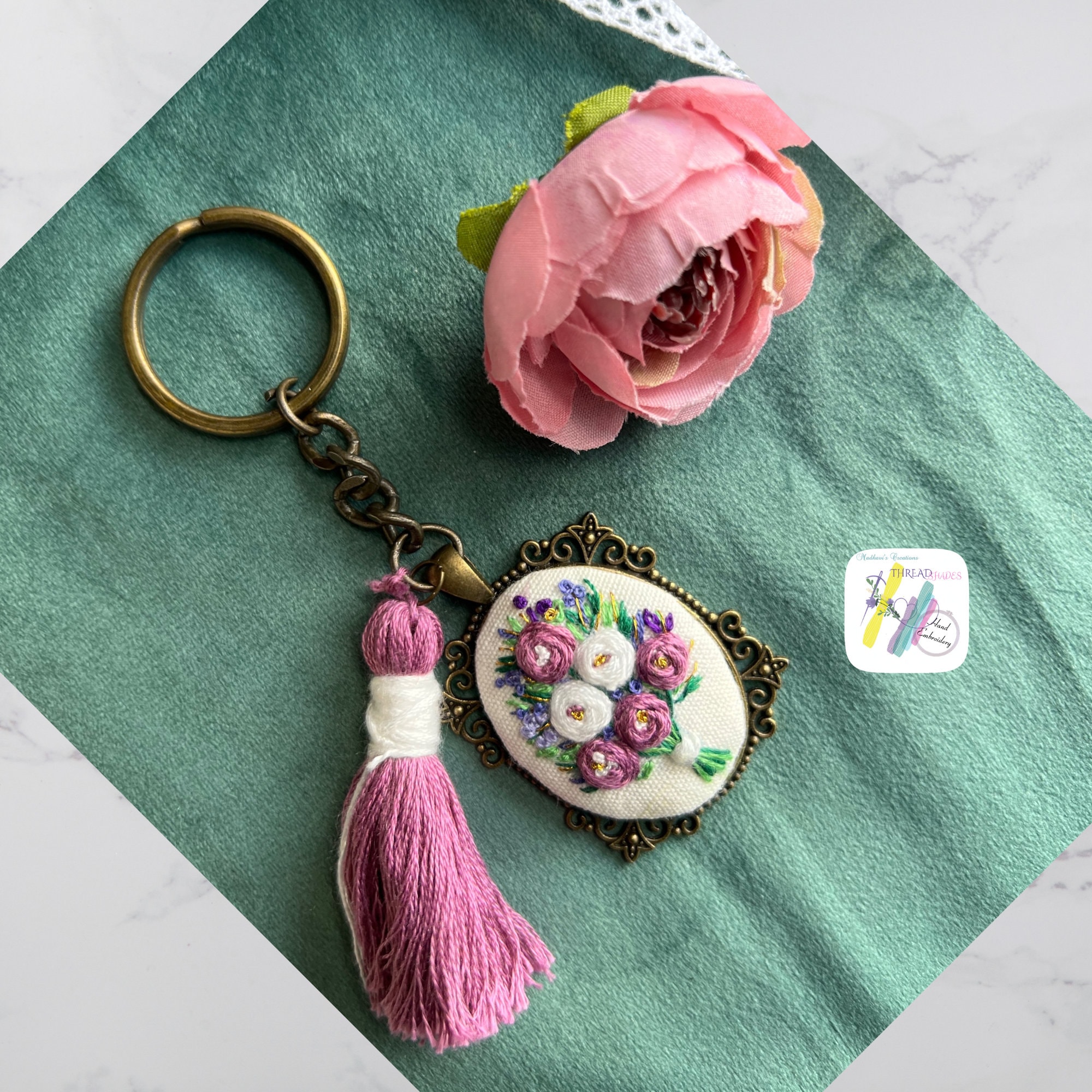 Hand Embroidered Keychain, Floral Embroidered, Rose Bouquet Needlework ...