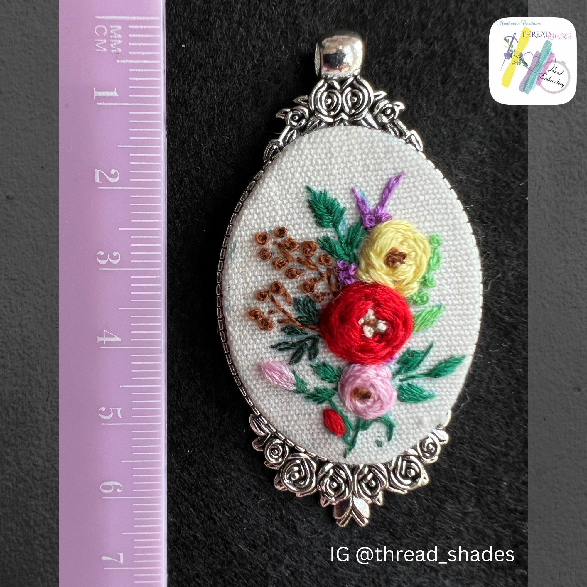 Hand Embroidered Pendant, Pendant Necklace, Oval Shape, Antique Silver ...