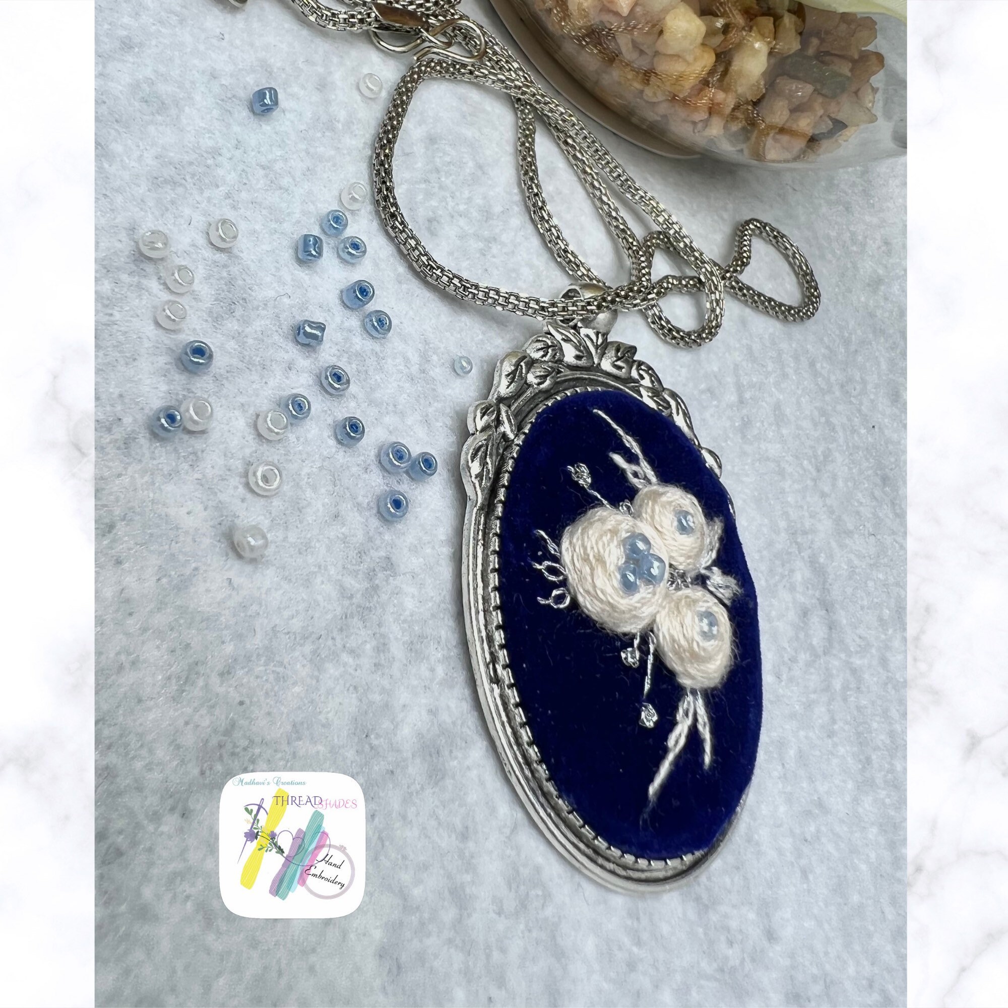Hand Embroidery Necklace, Embroidered Pendant, Handmade Pendant, Rose ...
