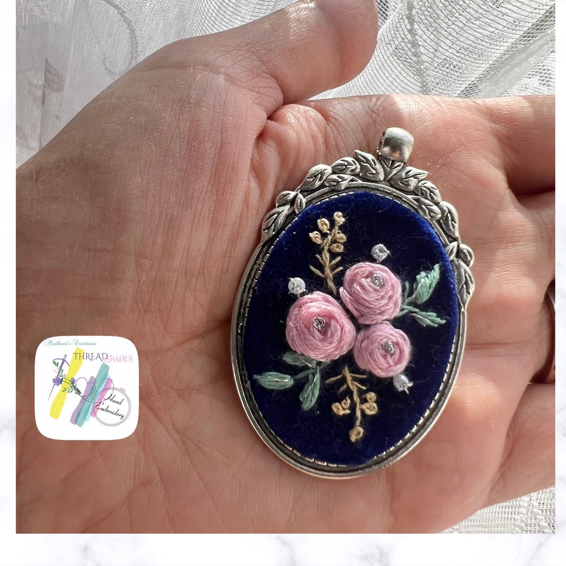 Hand Embroidery Necklace, Embroidered Pendant, Handmade Pendant, Rose ...