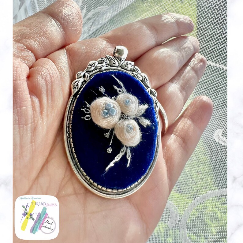 Hand Embroidery Necklace, Embroidered Pendant, Handmade Pendant, Rose ...