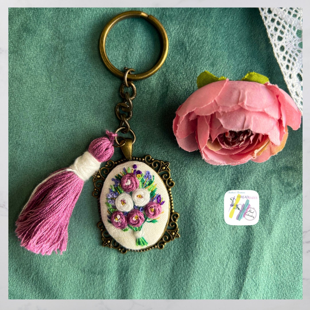 Hand Embroidered Keychain, Floral Embroidered, Rose Bouquet Needlework ...