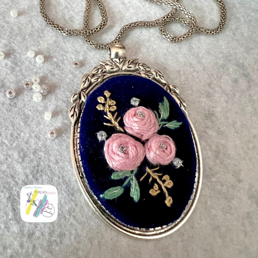 Hand Embroidery Necklace, Embroidered Pendant, Handmade Pendant, Rose ...