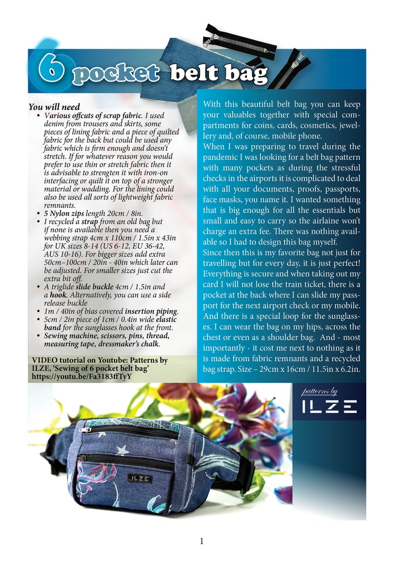 Pdf Digital Pattern for Sewing 6 Pocket BELT BAG / Fanny Pack / Bum Bag ...