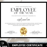 Editable Employee of the Quarter Award Certificate (digital Download ...