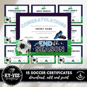 15 Printable Soccer Award Certificates, INSTANT DOWNLOAD, Editable ...