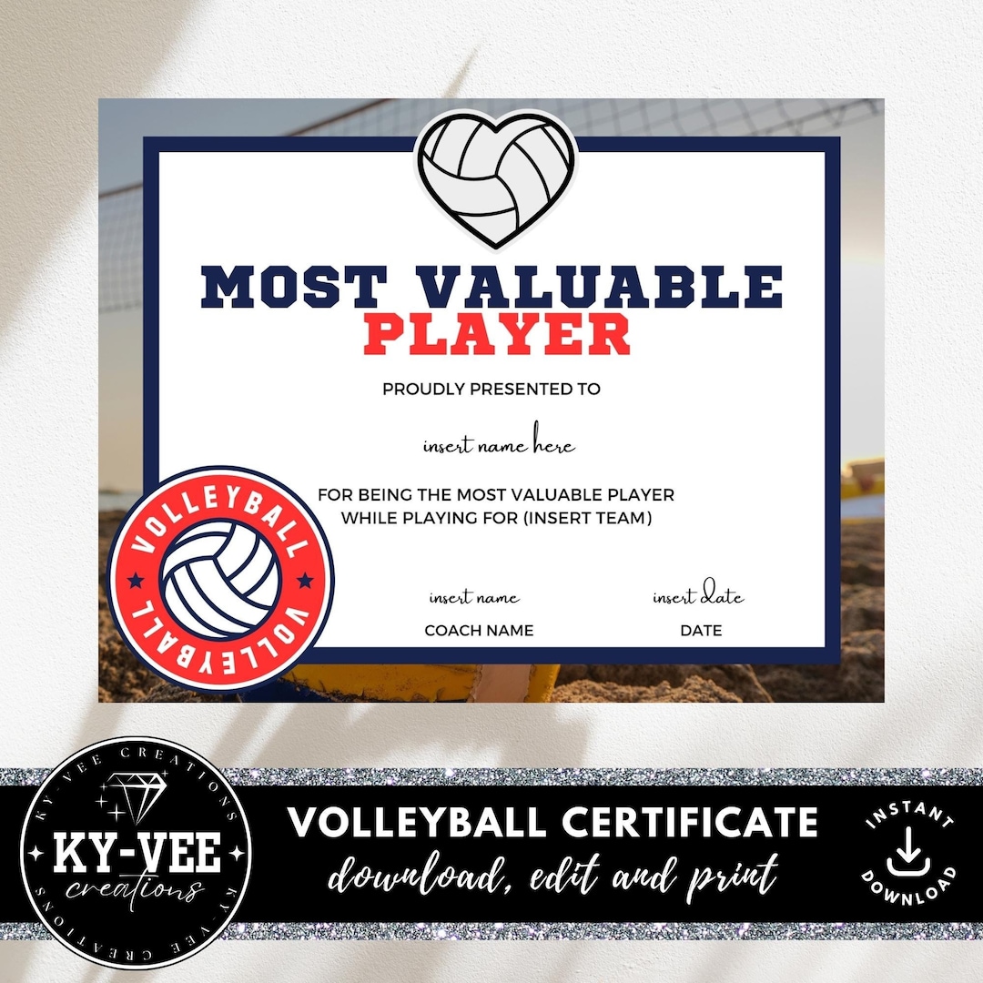 Volleyball Certificate Template, INSTANT DOWNLOAD, Most Valuable Player ...