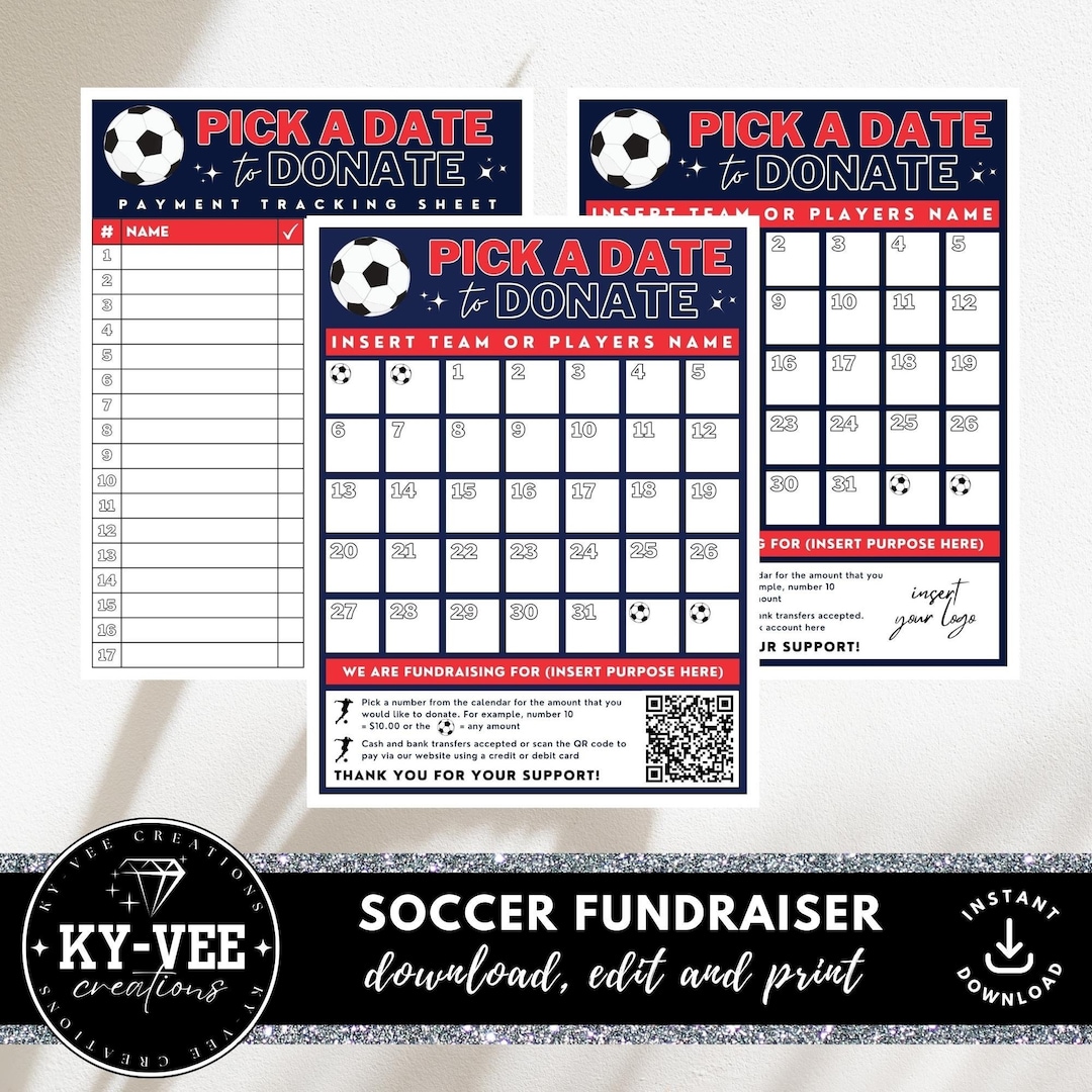 Pick a Date to Donate Soccer Calendar Fundraiser Template, Editable ...