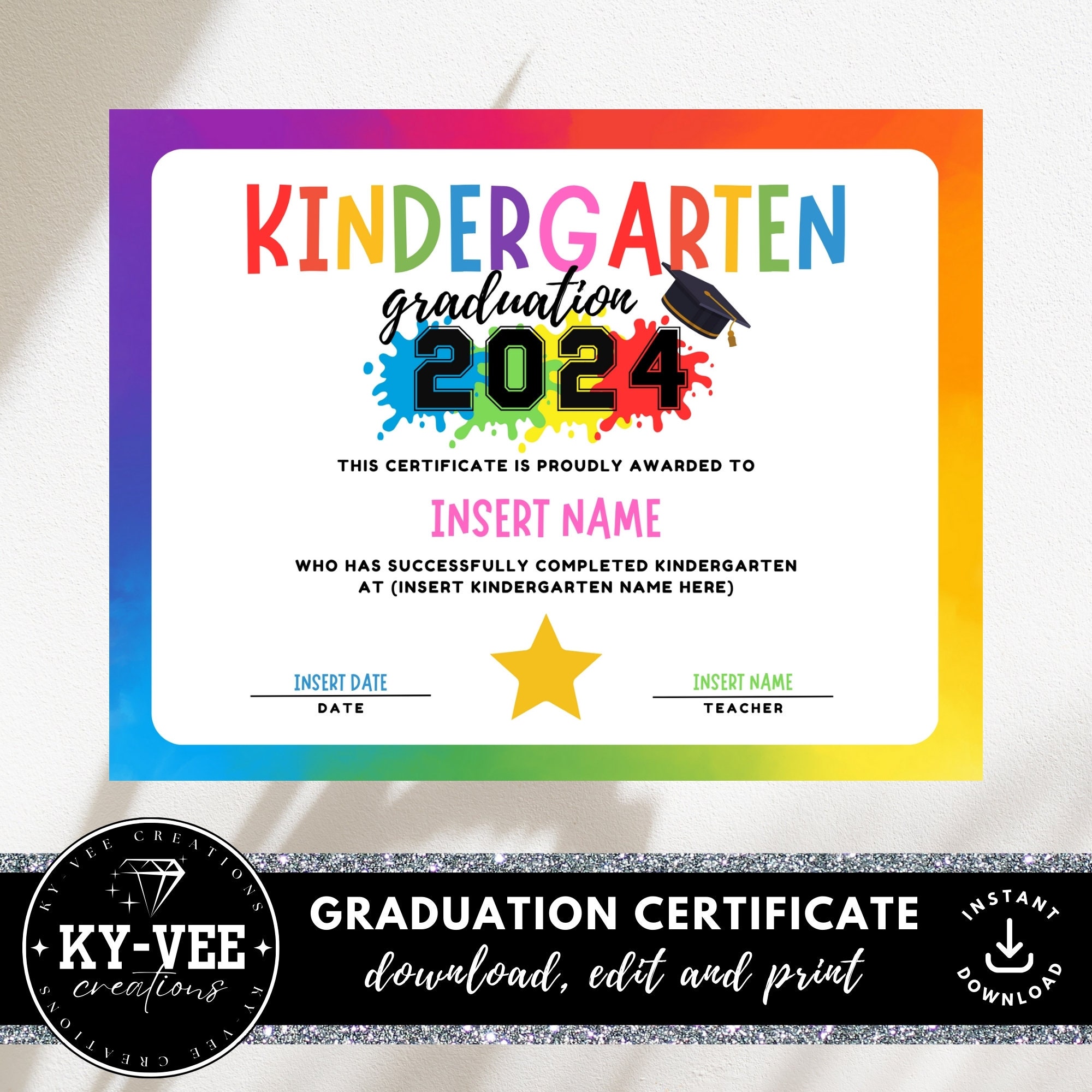Kindergarten Graduation Certificate Template, INSTANT DOWNLOAD ...