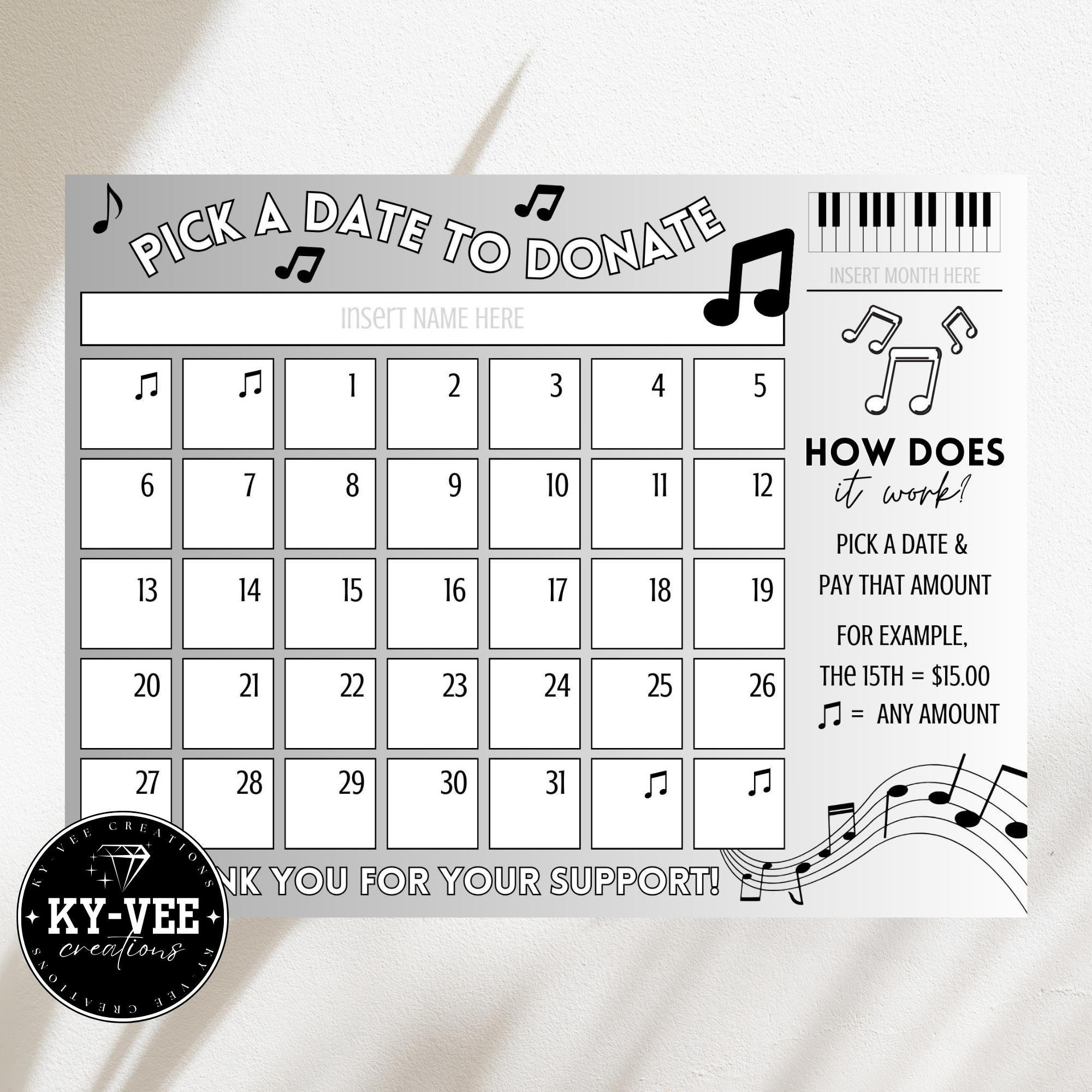 Pick a Date to Donate Music Calendar, Printable Fundraiser, Pay the Day ...
