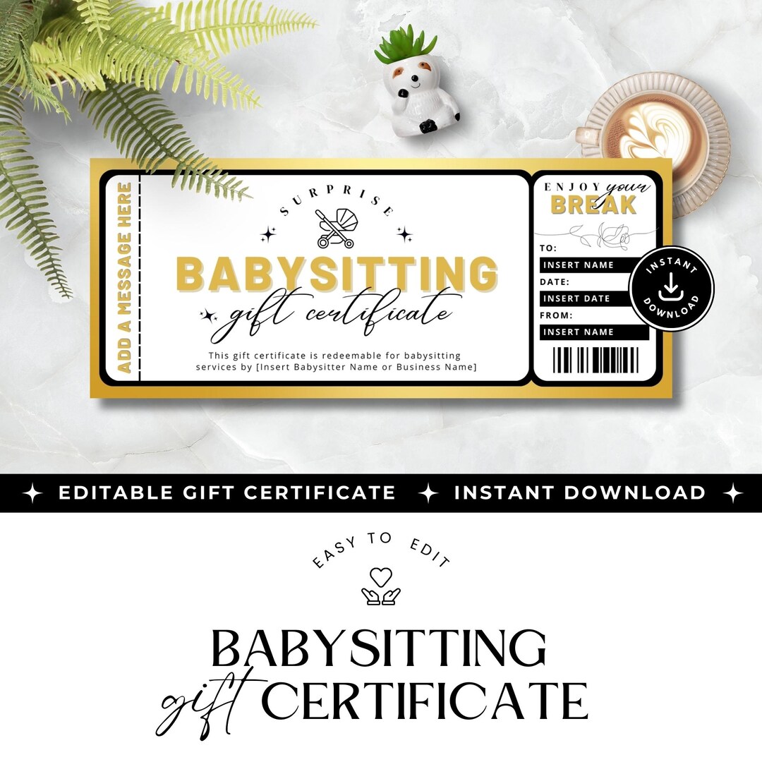 Babysitting Gift Certificate, INSTANT DOWNLOAD, Printable Childcare ...