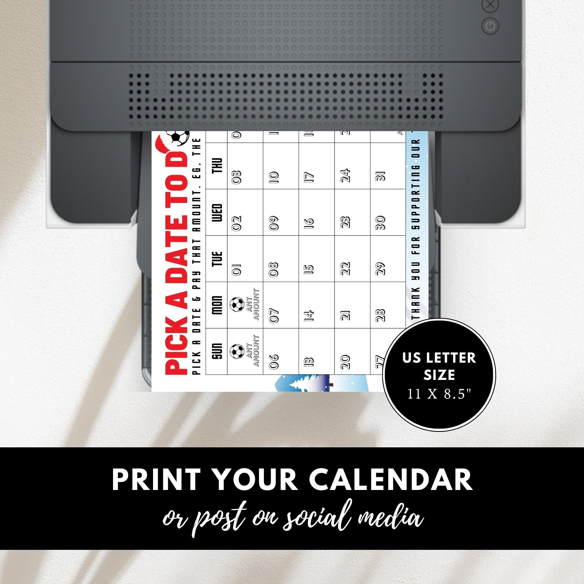 Pick a Date to Donate Soccer Calendar, Printable Fundraiser, Pay the ...