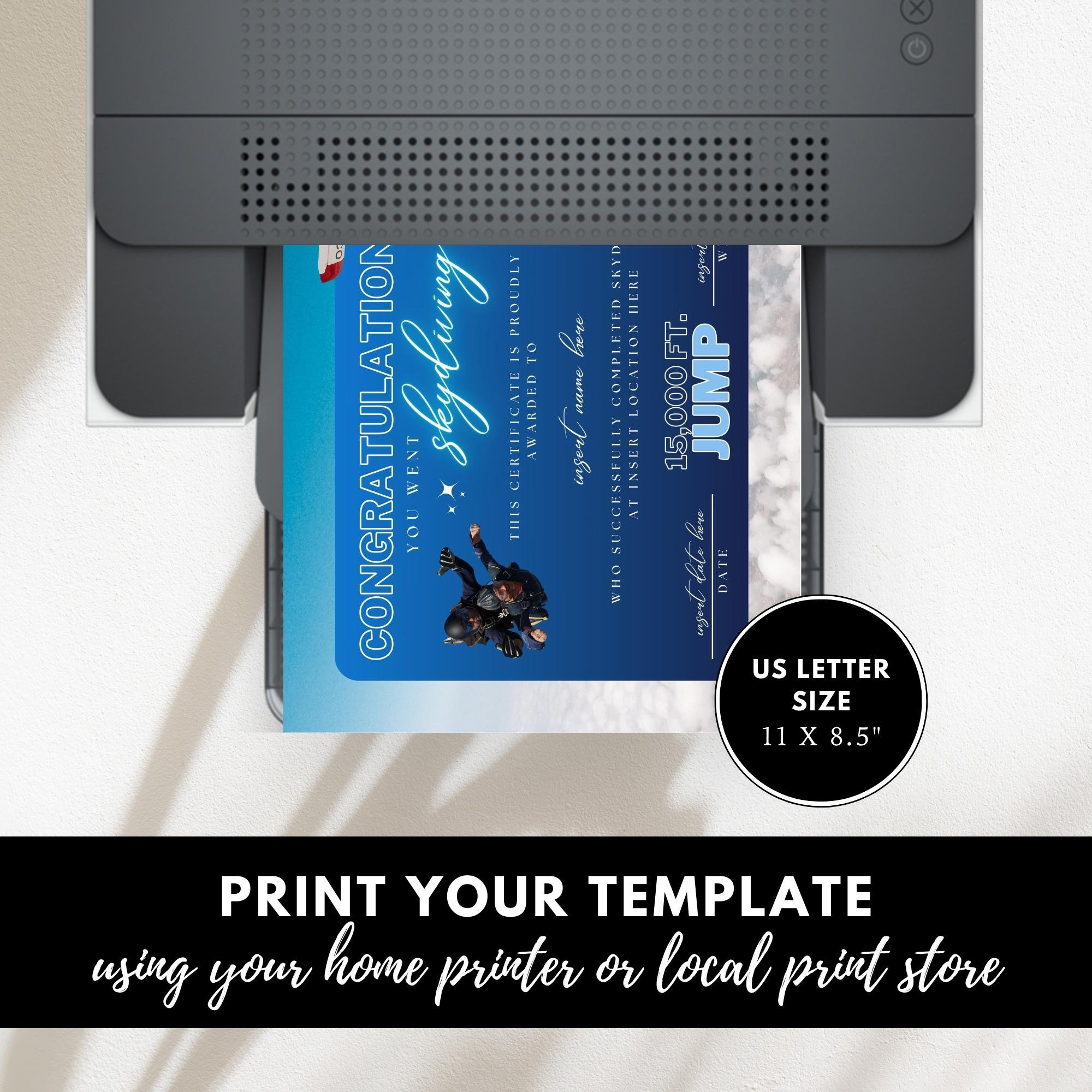 Skydiving Certificate, INSTANT DOWNLOAD, Printable Sky Dive Canva ...