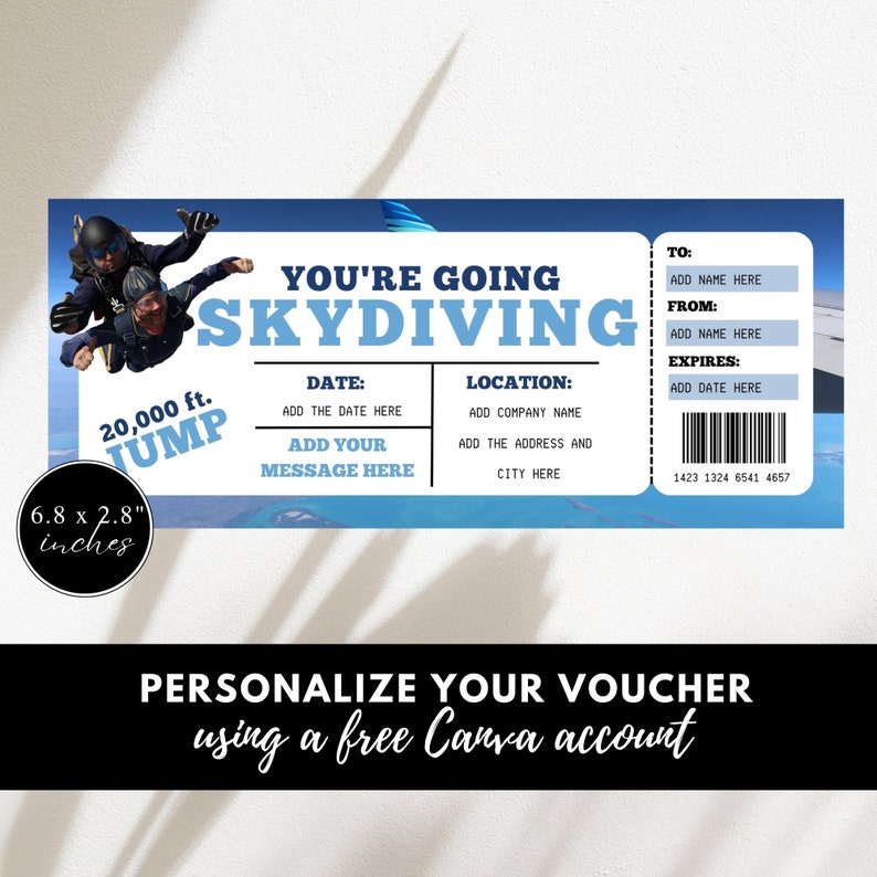 Skydiving Gift Certificate, INSTANT DOWNLOAD, Editable Skydiving Ticket ...