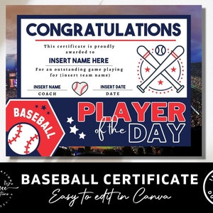 Editable Baseball Certificate Template Player of the Day - Etsy