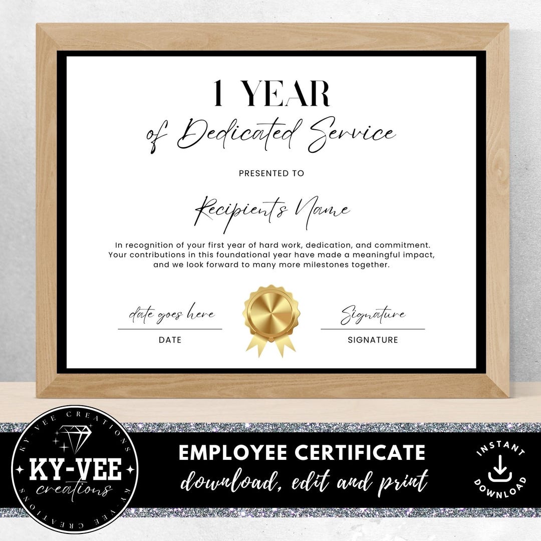 1 Year of Service Certificate, Employee Award, Dedicated Service ...