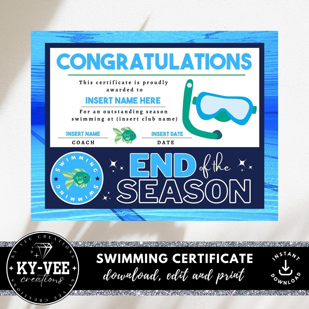 Swimming Certificate Template, INSTANT DOWNLOAD, Printable End of the ...
