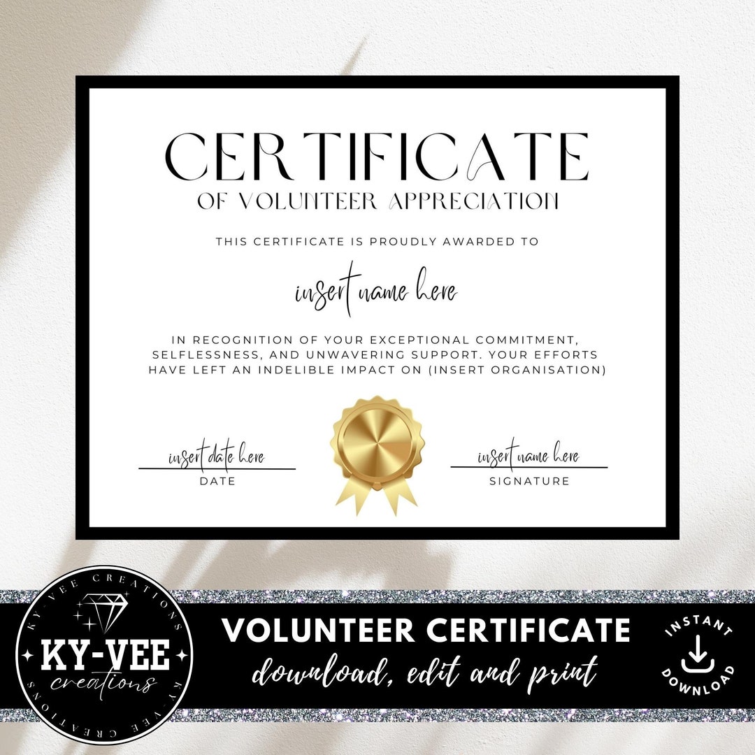 Printable Certificate of Appreciation for Volunteering, INSTANT DOWNLOAD, Volunteer Appreciation ...