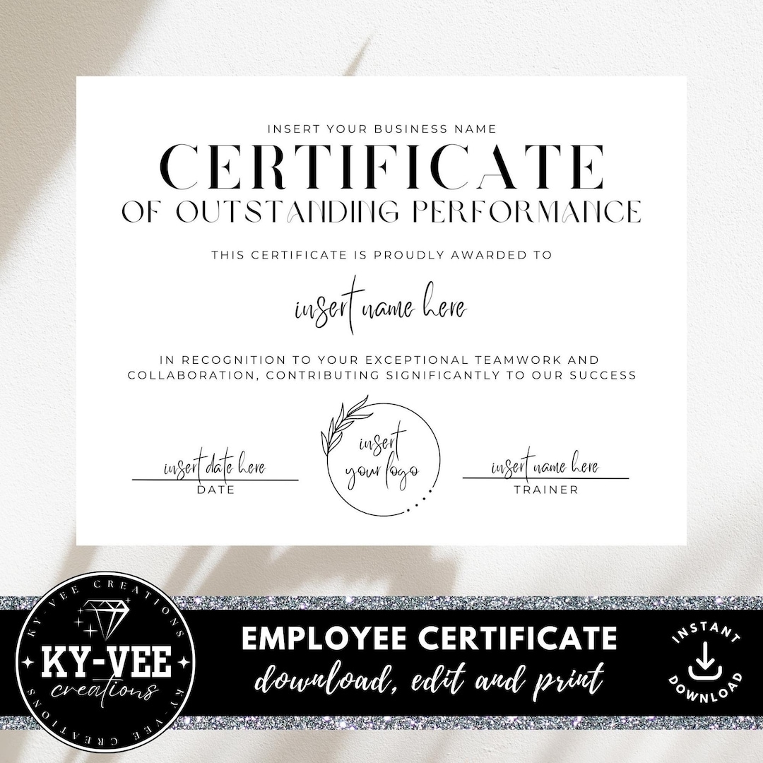 Template for Certificate of Outstanding Performance, Editable Employee ...