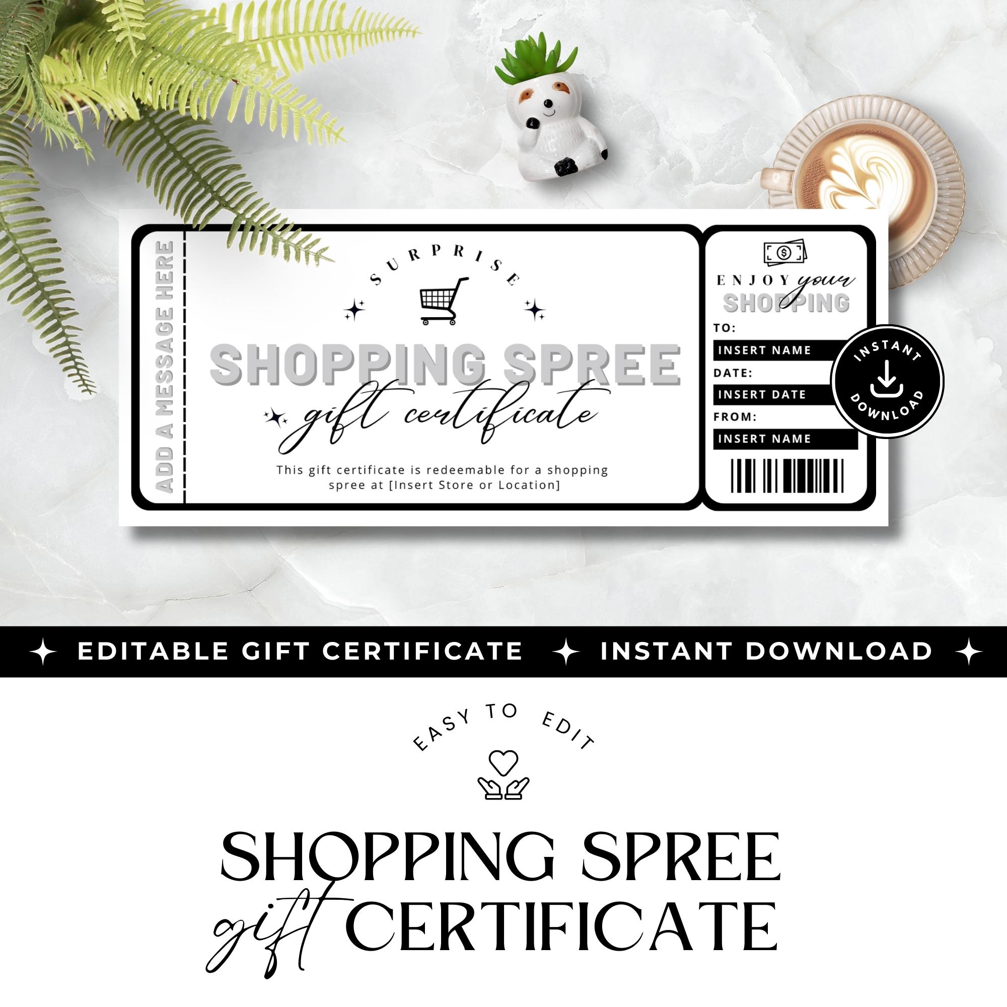 Shopping Spree Certificate Template, INSTANT DOWNLOAD, Printable Coupon ...