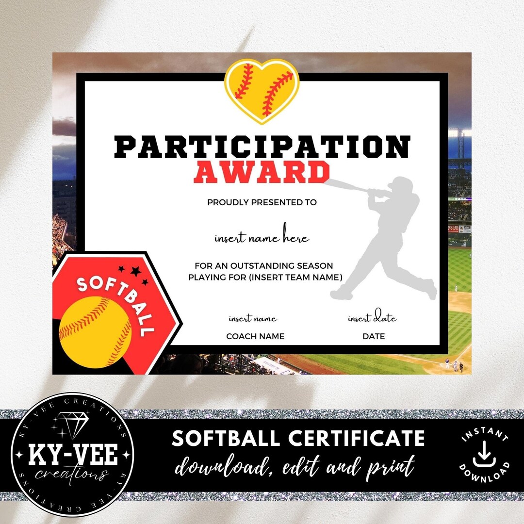 Softball Certificate Template, INSTANT DOWNLOAD, Printable Softball ...