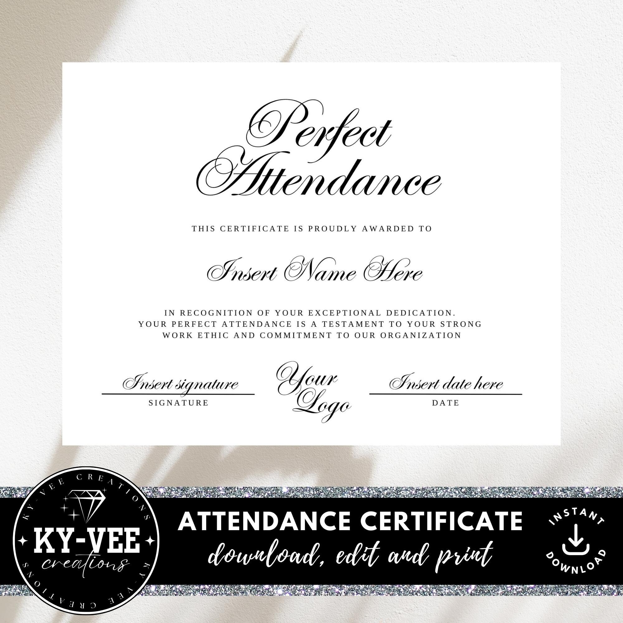 Certificate of Perfect Attendance Template, INSTANT DOWNLOAD, Editable ...