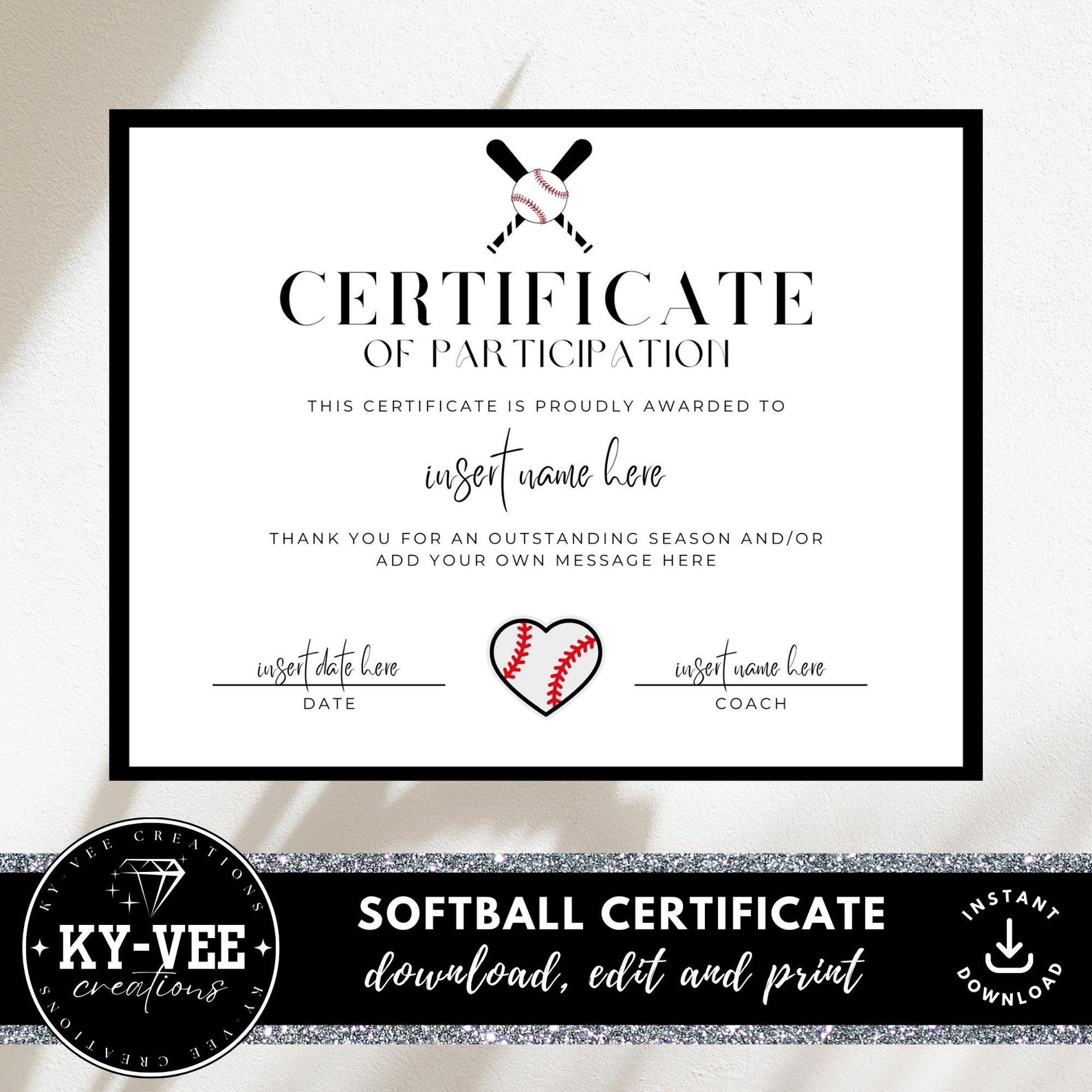 Printable Softball Certificates, INSTANT DOWNLOAD, Editable Softball ...